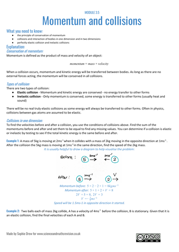Momentum and collisions sheet for A Level Physics | Teaching Resources