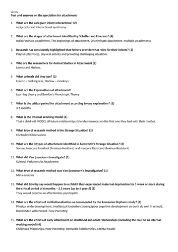 Short Answer Tests on Spec. Social Influence, Memory, Attachment ...
