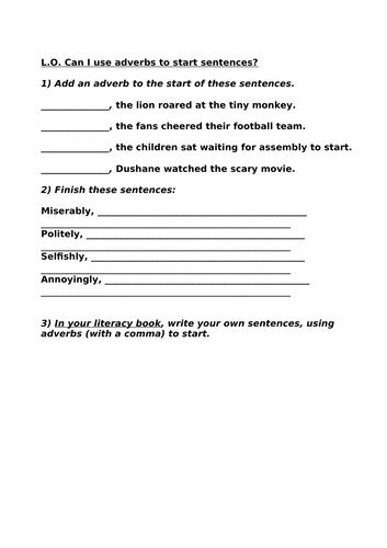 Using adverbs and adverbial phrases to start sentences (notebook ...