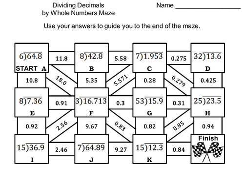 Dividing Decimals by Whole Numbers Activity: Math Maze | Teaching Resources