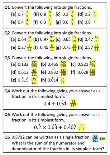 Recurring decimals to fractions | Teaching Resources Recurring decimals to fractions | Teaching Resources