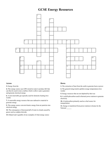 GCSE Energy Resources P3 Crossword Revision Activity | Teaching Resources