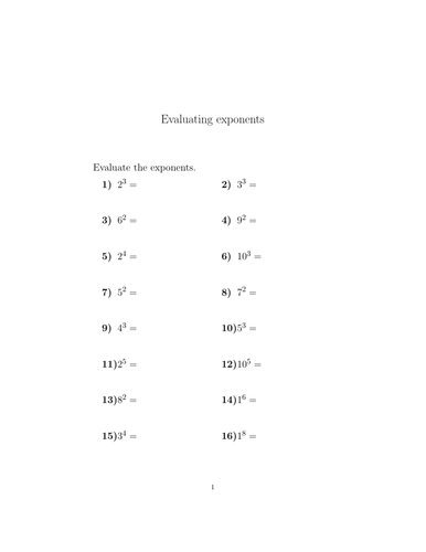 Evaluating exponents worksheet (with solutions) | Teaching Resources