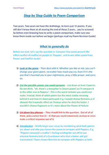 GCSE English Literature (9-1) Step By Step Guide to Poetry Comparison ...