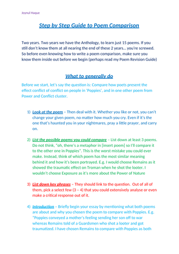 GCSE English Literature (9-1) Step By Step Guide to Poetry Comparison ...
