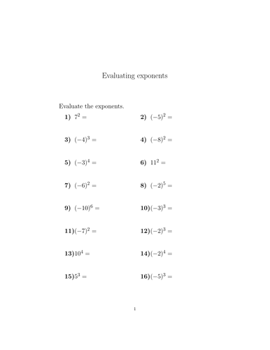 Evaluating exponents (positive and negative base) worksheet (with ...