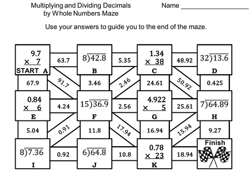 Multiplying and Dividing Decimals by Whole Numbers Activity: Math Maze ...