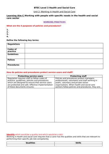 New Level 3 BTEC Unit 2 Working in Health and Social Care *Whole Unit ...