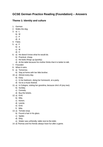 GCSE German Foundation Reading revision | Teaching Resources