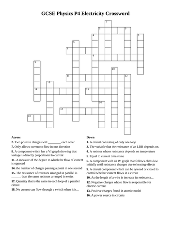 GCSE Physics P4 Electricity Crossword | Teaching Resources