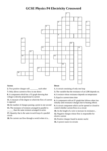 GCSE Physics P4 Electricity Crossword | Teaching Resources