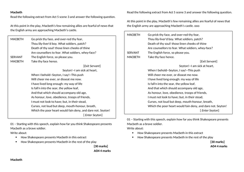 Macbeth Act 5 scene 3 exam q and ppt | Teaching Resources