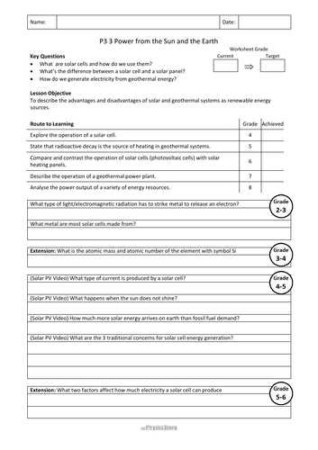 KS4 GCSE Physics AQA P3 3 Power from the Sun and the Earth Lesson ...