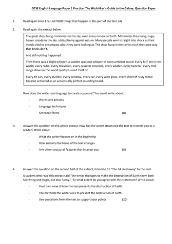 AQA GCSE English Language Practice Paper 1: The Hitchhiker's Guide to ...