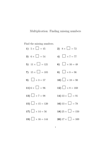 Multiplication: Finding missing numbers worksheet no 2 (with solutions ...