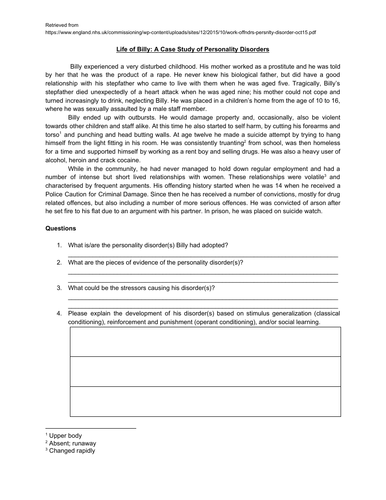 Psychology: Case Studies of Personality Disorders Worksheet | Teaching ...