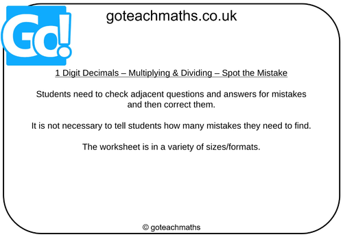 Multiplying & Dividing 1 Digit Decimals - Spot the Mistake | Teaching ...