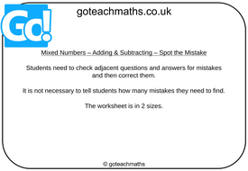 Adding & Subtracting Mixed Numbers - Spot the Mistake | Teaching Resources