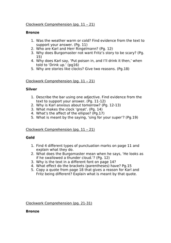 FIVE sets of differentiated Clockwork comprehension questions | Teaching Resources