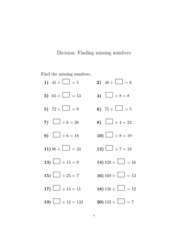 Division: Finding missing numbers worksheet (with solutions) | Teaching ...