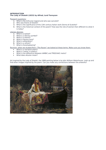 Introduction to Tennyson's 'The Lady of Shalott' | Teaching Resources