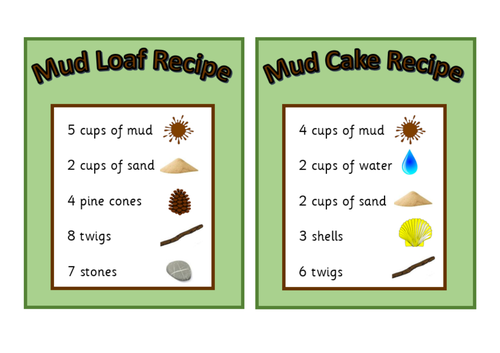 Big set of mud kitchen recipe cards and 'make your own' recipe to ...