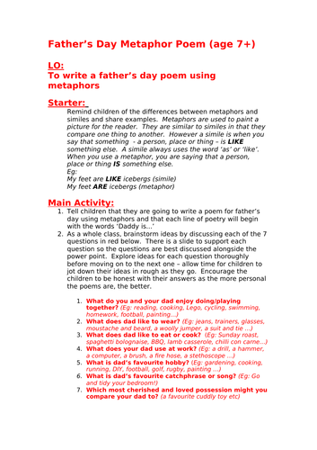 How to Write a Father's Day Metaphor Poem KS2 upwards (lesson plan and ...