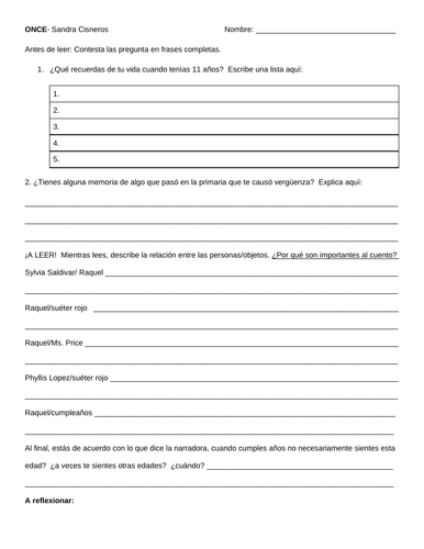 "ONCE" (11) Short Story reading guide- Sandra Cisneros | Teaching Resources