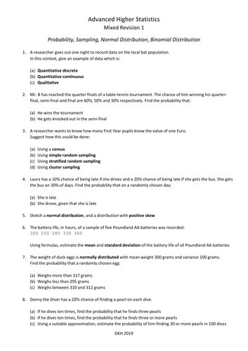 AH Statistics - Mixed Revision | Teaching Resources
