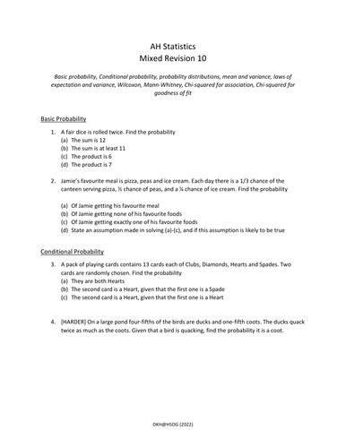 AH Statistics Mixed Revision | Teaching Resources