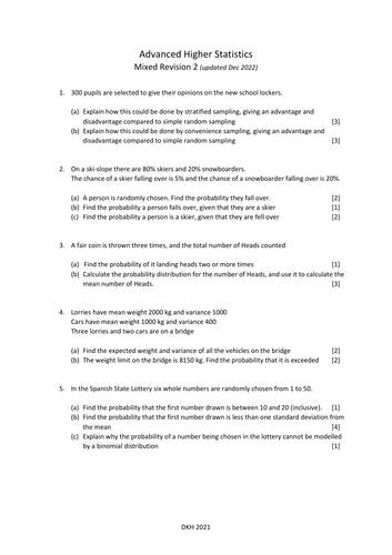 AH Statistics - Mixed Revision | Teaching Resources