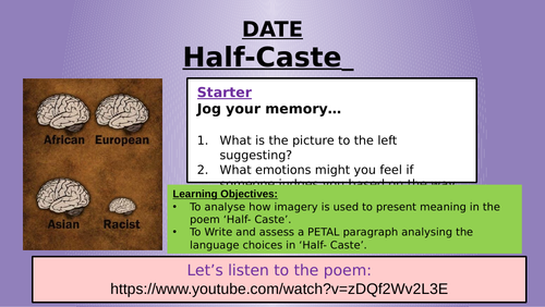 Half-Caste Poetry Analysis | Teaching Resources
