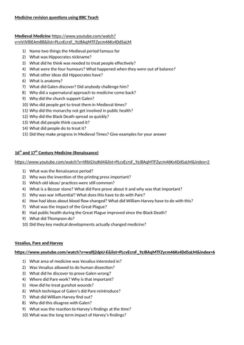 GCSE Medicine through time revision questions using youtube BBC Teach ...