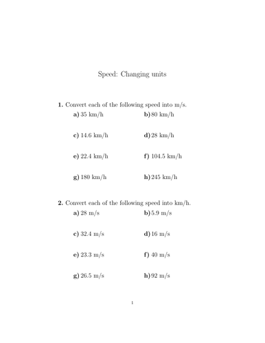 Speed Changing units worksheet (with solutions) | Teaching Resources
