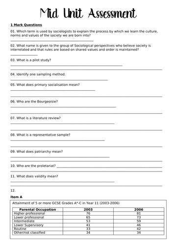 Research Methods (9-1) Mid Unit Assessment | Teaching Resources