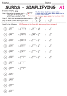 SURDS (SET A) - SIMPLIFYING (with some scaffolding) 72 questions over 6 ...