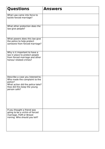 Forced Marriage Documentary with Question sheet and Answers | Teaching ...