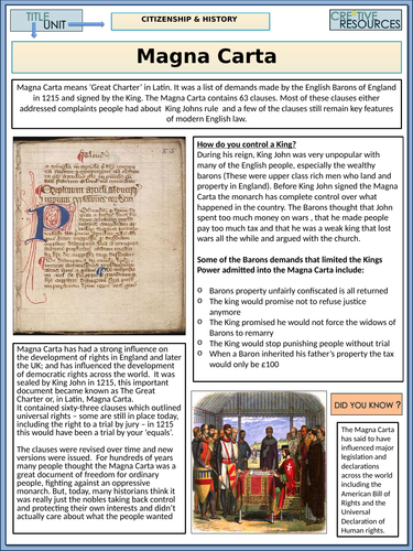 Magna Carta 1215 - Citizenship GCSE | Teaching Resources