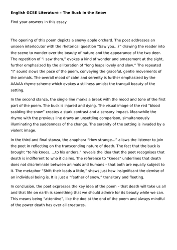 The Buck in the Snow by Edna St. Vincent Millay | Teaching Resources