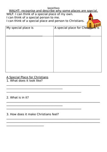 KS1 RE Special Places to Us and Christians Differentiated Worksheets ...