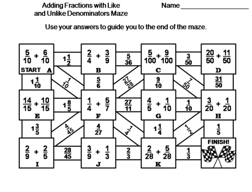 Adding Fractions with Like and Unlike Denominators Game: Math Maze ...