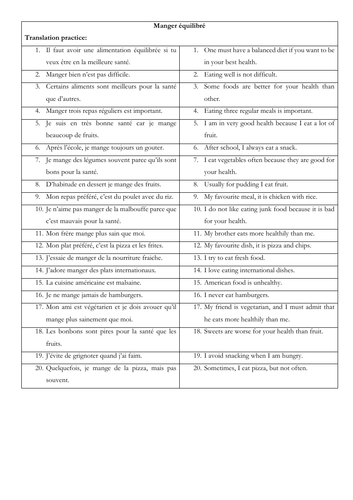 French GCSE manger équilibré: food and healthy diet key vocabulary ...