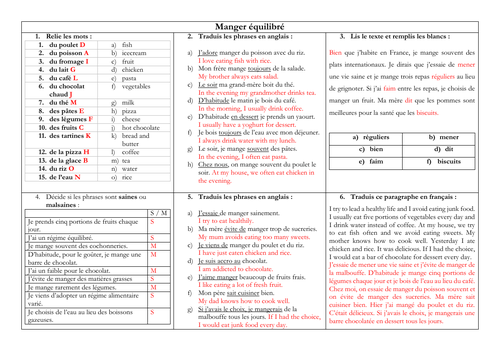 French GCSE manger équilibré: food and healthy diet key vocabulary ...