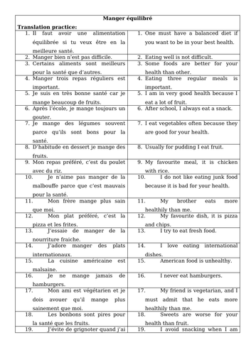 French GCSE manger équilibré: food and healthy diet key vocabulary ...