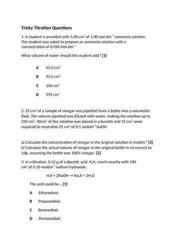 A LEVEL CHEMISTRY - TITRATION AND DILUTION QUESTIONS | Teaching Resources