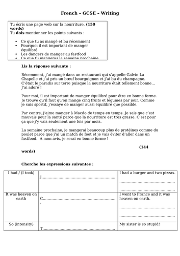 French - GCSE - writing - la nourriture (150 word model answer ...