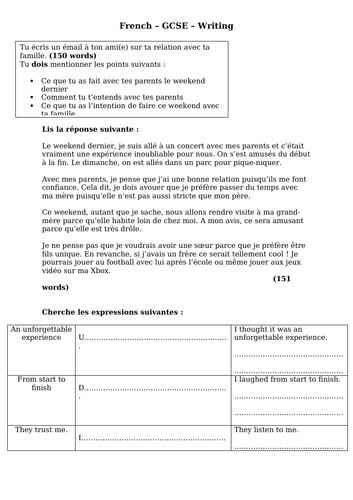French - GCSE - writing - la famille (150 word model answer - complex ...