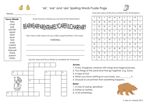'air', 'are' & 'ear' Spelling Puzzle Pg | Teaching Resources