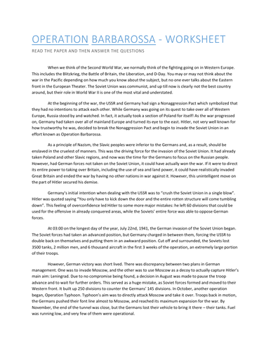 Operation Barbarossa | Teaching Resources