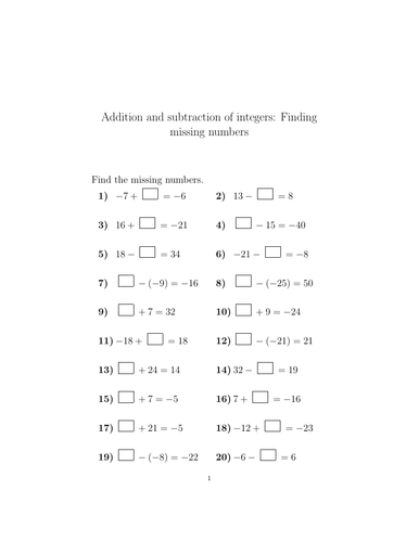 Addition and subtraction of integers: Finding missing numbers worksheet ...